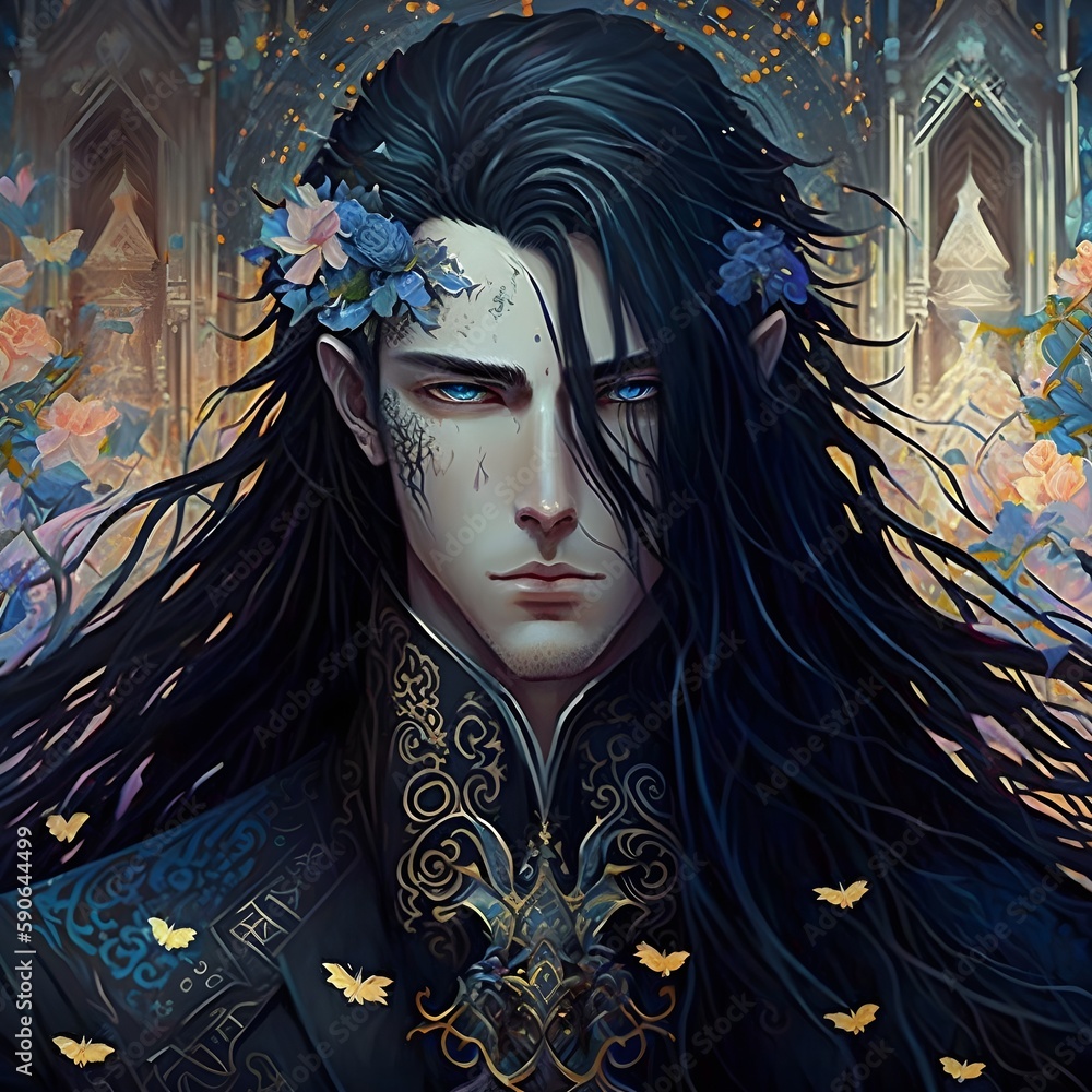elven anime character suit very long black hair delicate male face ...