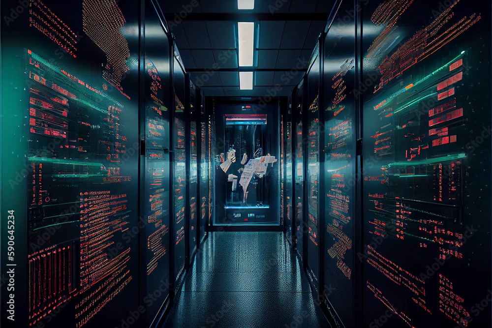 Shot Of Modern Data Center With Multiple Rows Of Fully Operational Server Racks Modern High