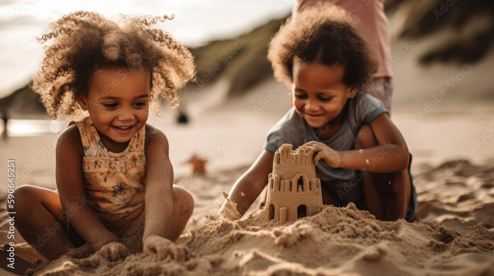 Two Adorable Black Children Playing at the Beach. Ethnic Diverse ...