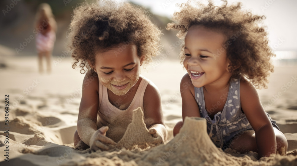 Two Adorable Black Children Playing at the Beach. Ethnic Diverse ...