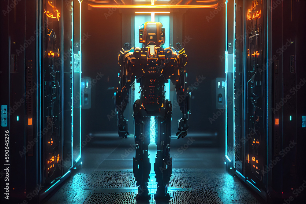 Humanoid robot engineer working in big data server room among racks in ...