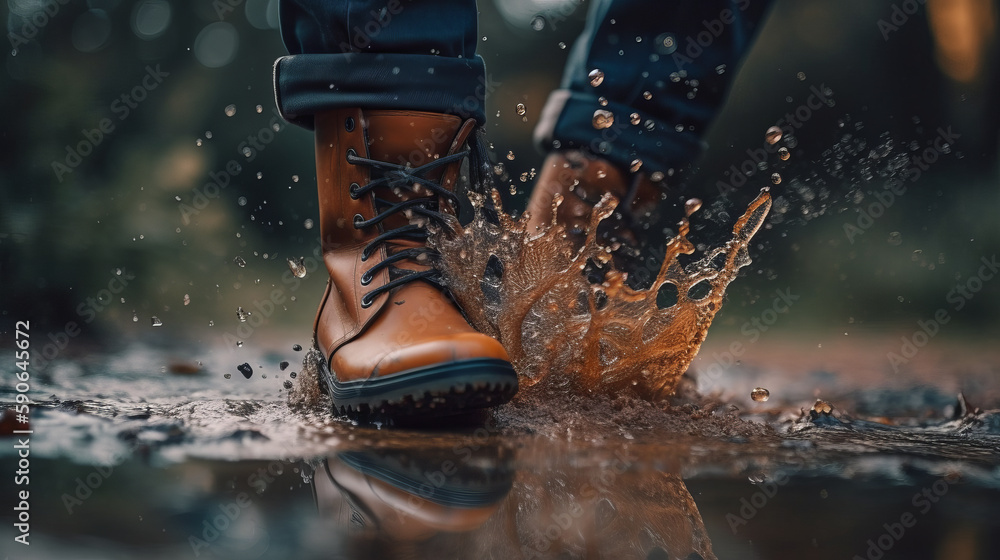 Stylish men's shoes close-up in a puddle, shoe advertising concept. Al ...