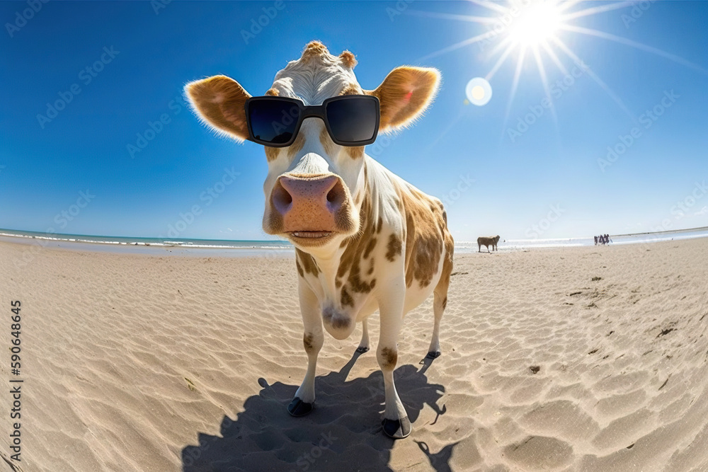 cow in sunglasses stands on the beach and sunbathing, created with ...