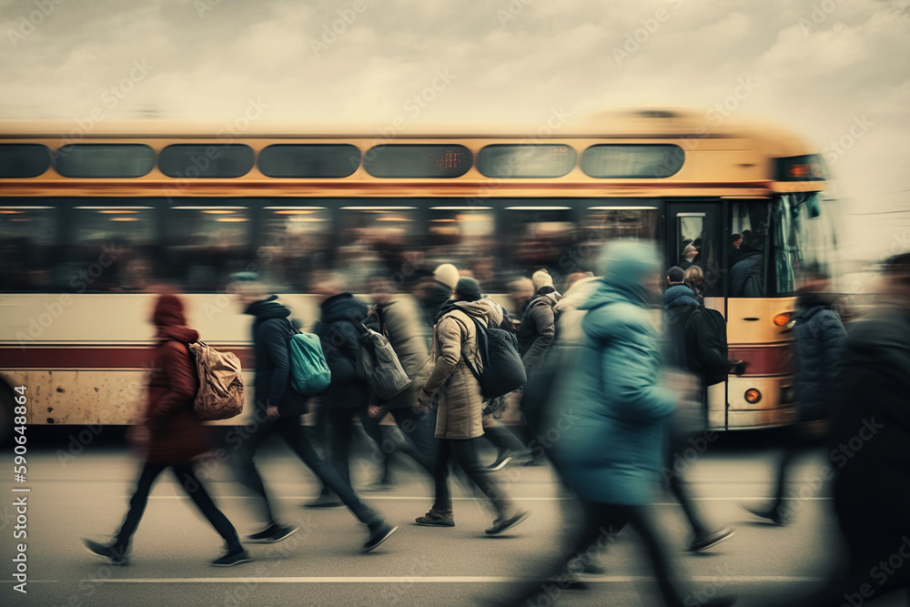 Crowd of people running after the bus back view, created with ...