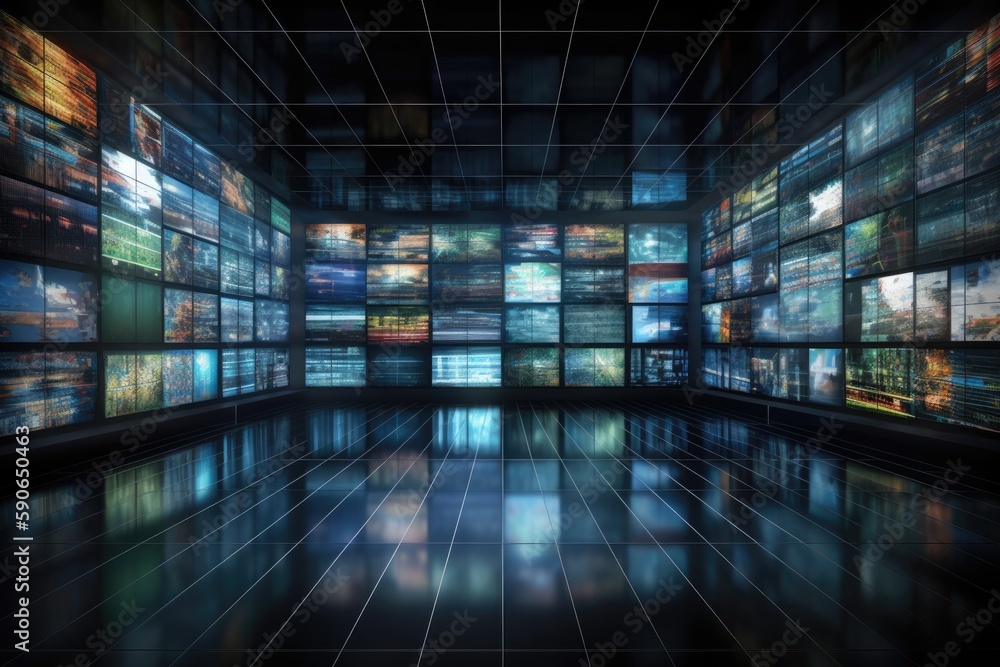 high-tech control room with multiple screens displaying various data ...
