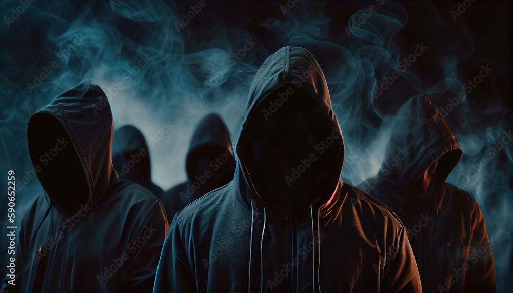 Hackers army. Dangerous hooded group of hackers. Internet, cyber crime, cyber attack concept ...