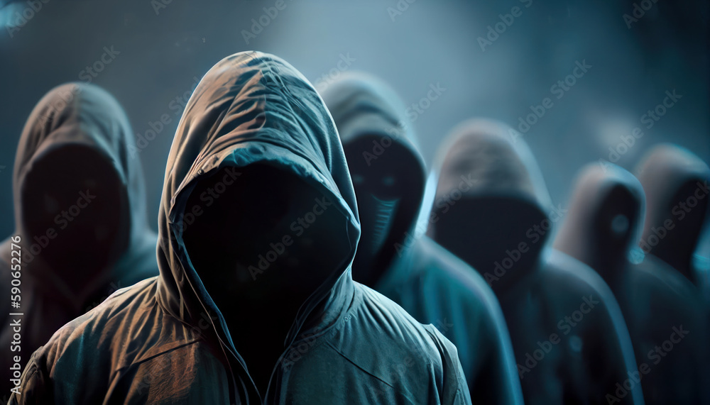Hackers army. Dangerous hooded group of hackers. Internet, cyber crime, cyber attack concept ...