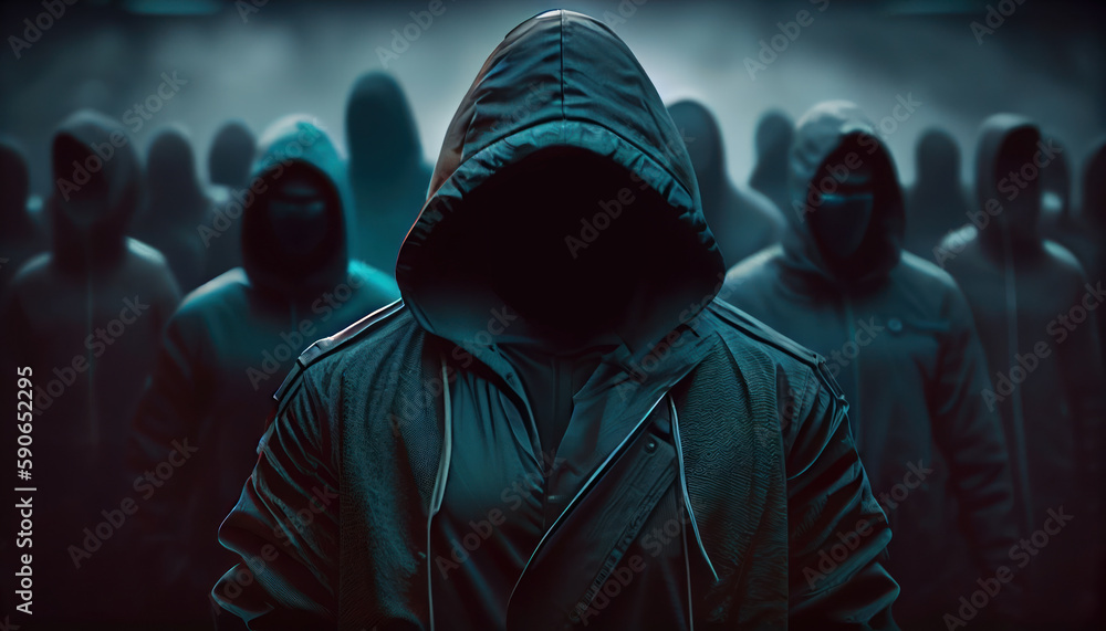 Hackers army. Dangerous hooded group of hackers. Internet, cyber crime ...