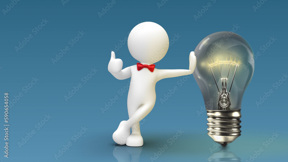 3D Person Leaning on Flickering Light Bulb Thumbs Up features a generic ...