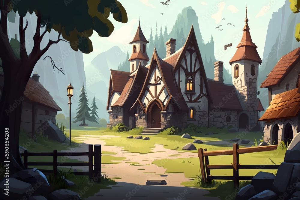 2D medieval village background environment for a battle arena mobile ...