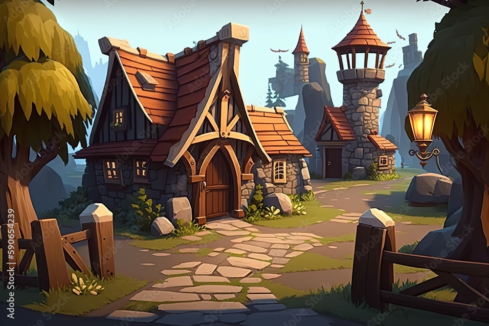 2D medieval village background environment for a battle arena mobile ...