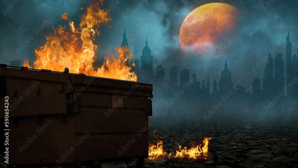 Dumpster Fire Orange Moon Lightning Clouds Background features a ...