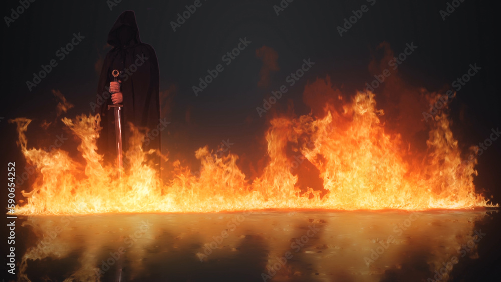 Fire Blazing Dark Figure with Sword features a line of fire blazing on ...