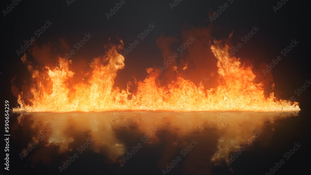 Fire Blazing on a Reflective Surface Background features a line of fire ...