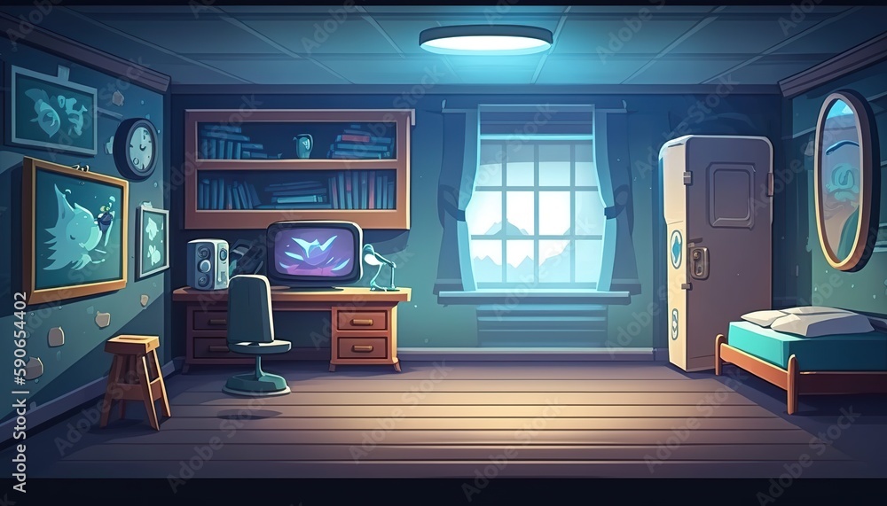 ภาพประกอบสต็อก 2D room boy background environment for a battle arena mobile game. Beautiful boy ...