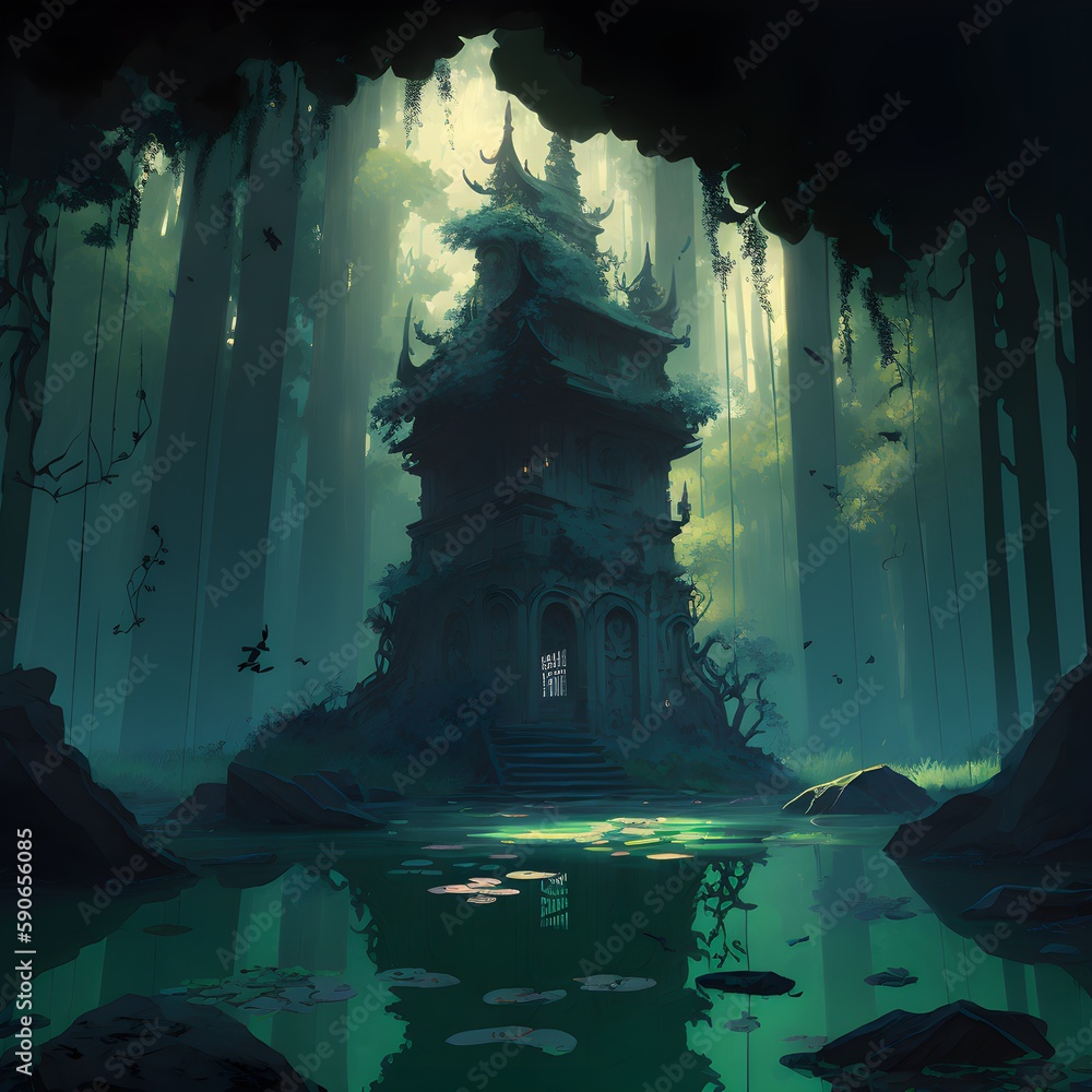 black stone tower makoto shikai movie style forest magical rough dark ...