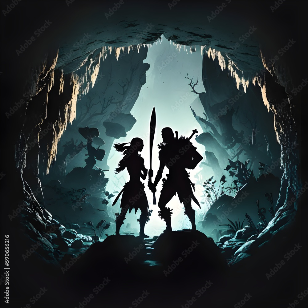 silhouette of a man and woman fighting zombies in a cave swords arrows ...