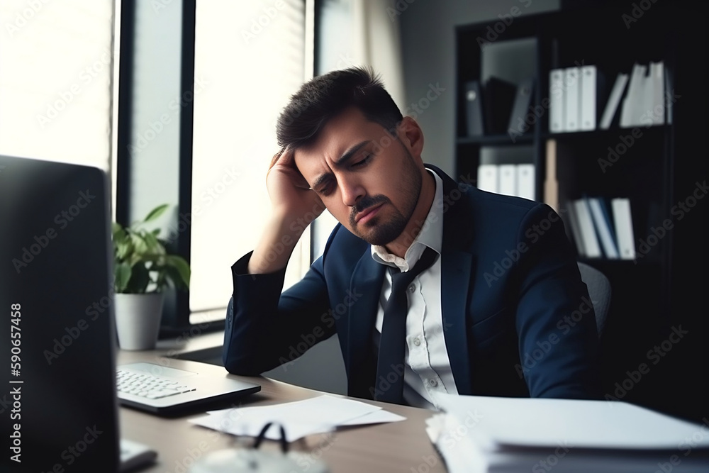 Stressed Man at Office Workplace Generative AI. Depict the modern ...