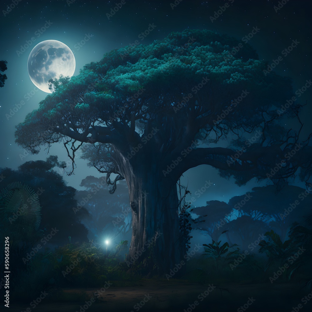 magical tall tree in african forest with fresh greens moonlight ...