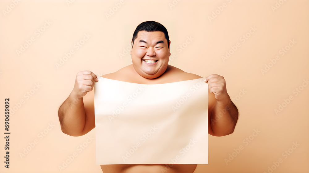 Fat asian sumo wrestler holding an blank paper over a orange background ...