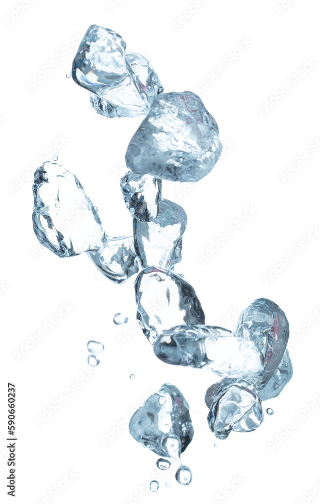 Ice Cubes explosion flying, crystal clear ice wave floating, fall down ...
