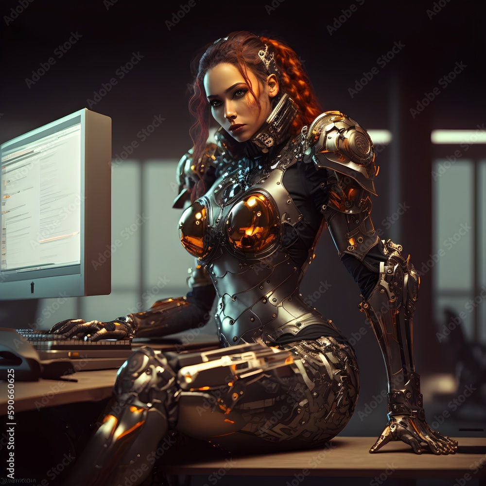 stunning super hot female cyborg sitting a the desk programming golden studiolight high detail ...
