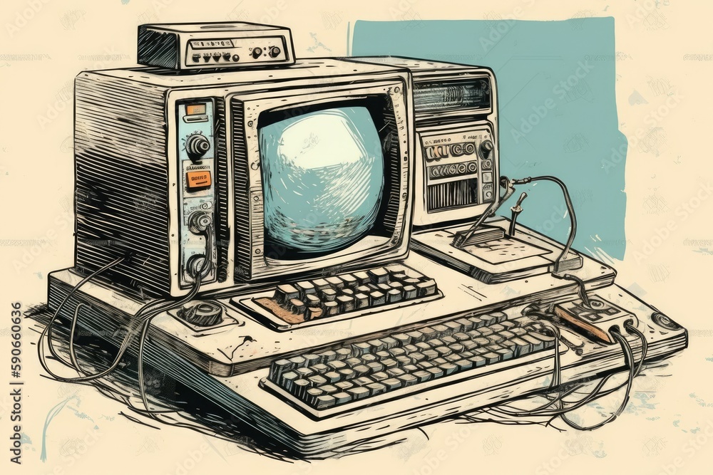 an outdated computer setup with a monitor and keyboard. Generative AI ...
