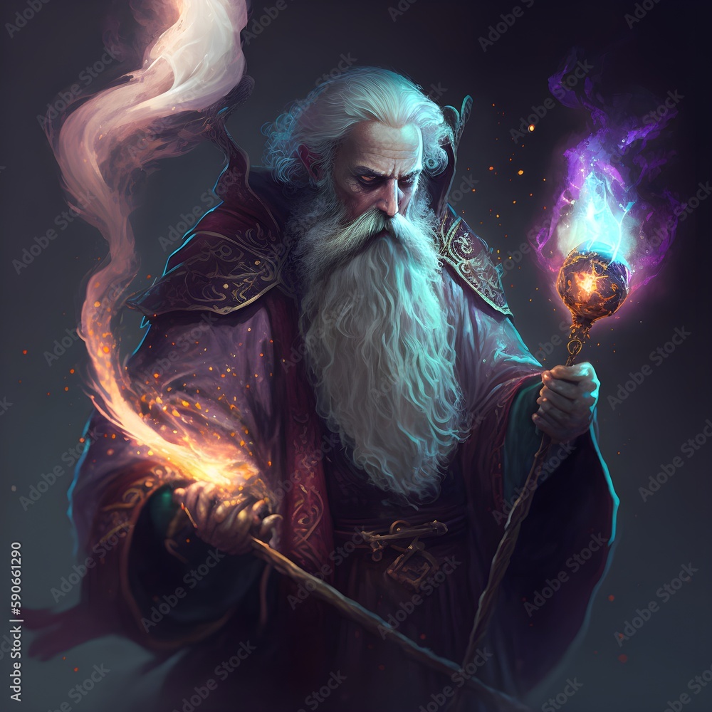 wizard with long beard casting a magical spell holding wand magic ...