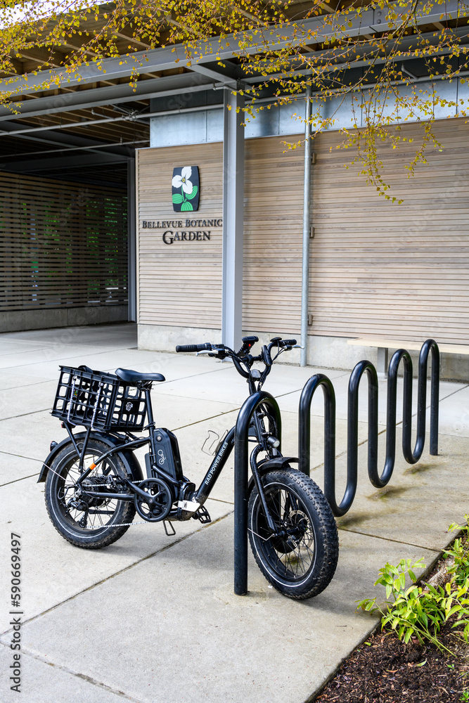 BELLEVUE, WA, USA – APRIL 4, 2023: Bellevue Botanical Garden, Rad Power Bikes electric bike ...