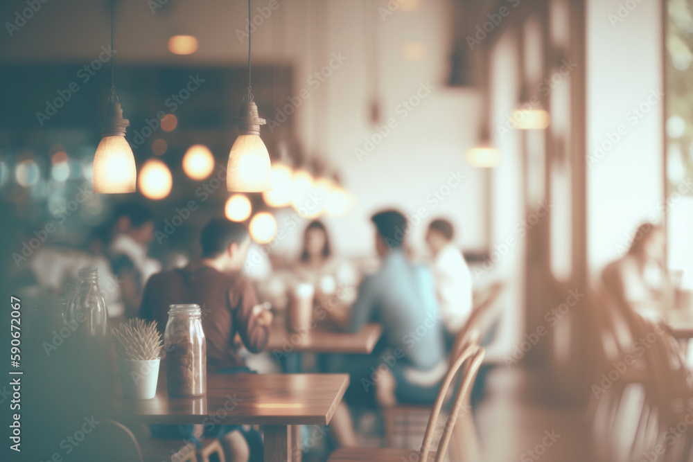blurred restaurant background with some people eating and chefs and ...