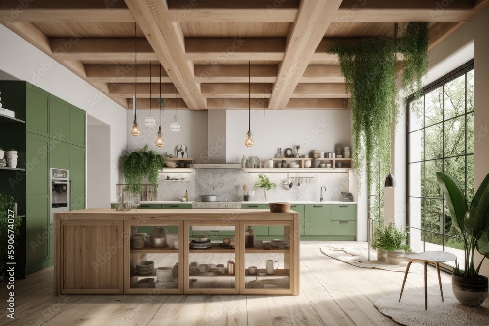 Luxury Jungle Modern Kitchen Interior with Indoor Plants and Home ...