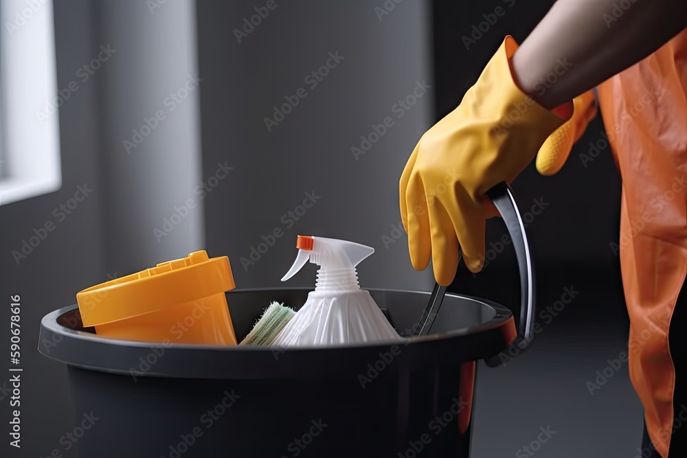 Hand with Cleaning Gloves Holding Cleaning Products and Tools - AI ...