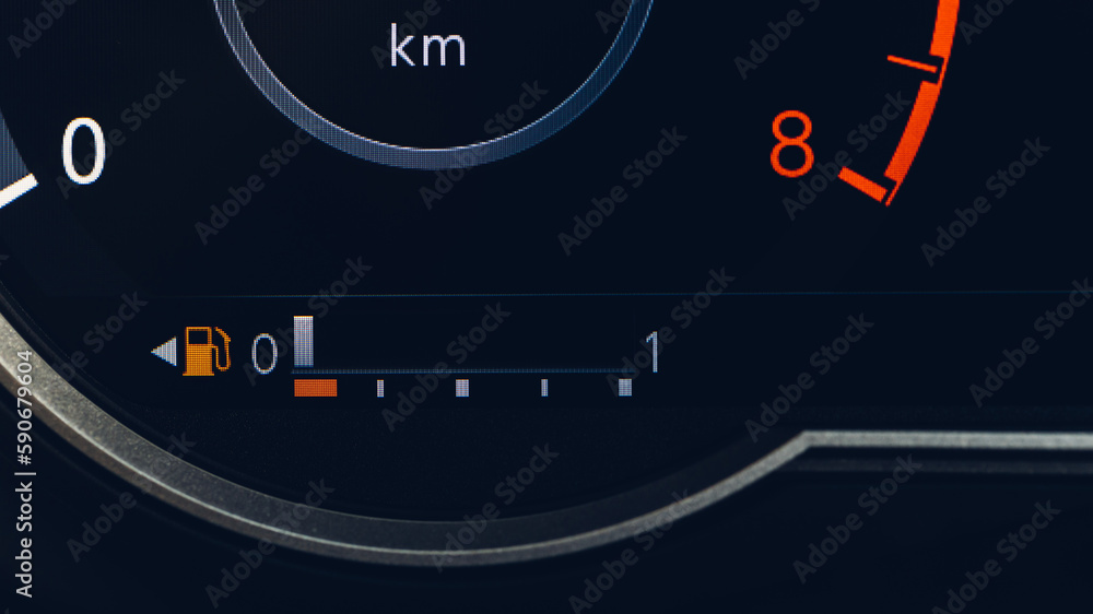 Empty fuel warning light in car dashboard. Fuel pump icon. gasoline ...