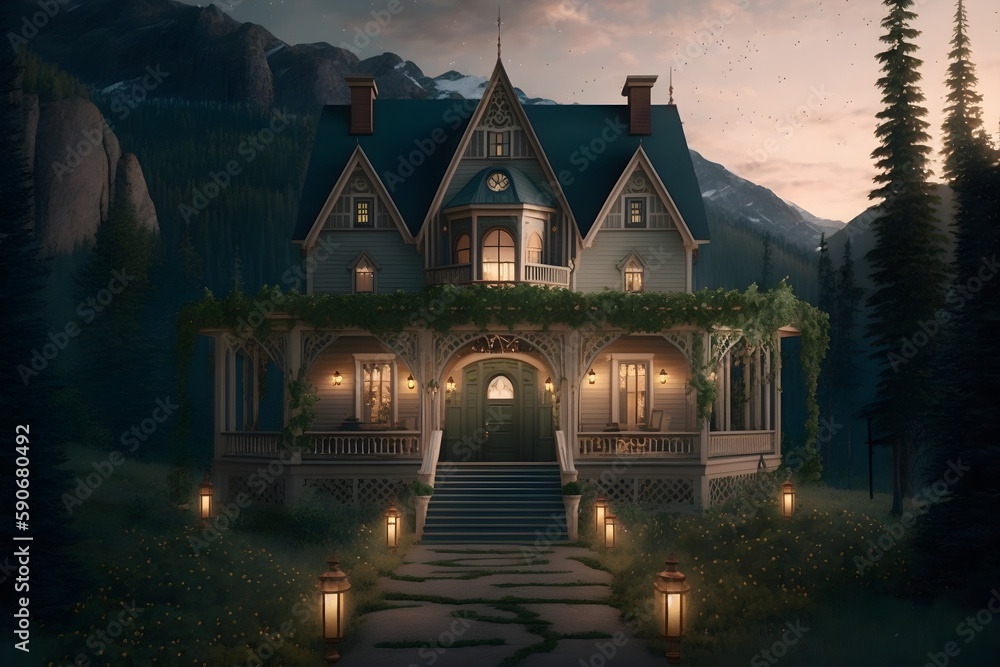 Front view of a castle turned into a bed and breakfast with a wide ...