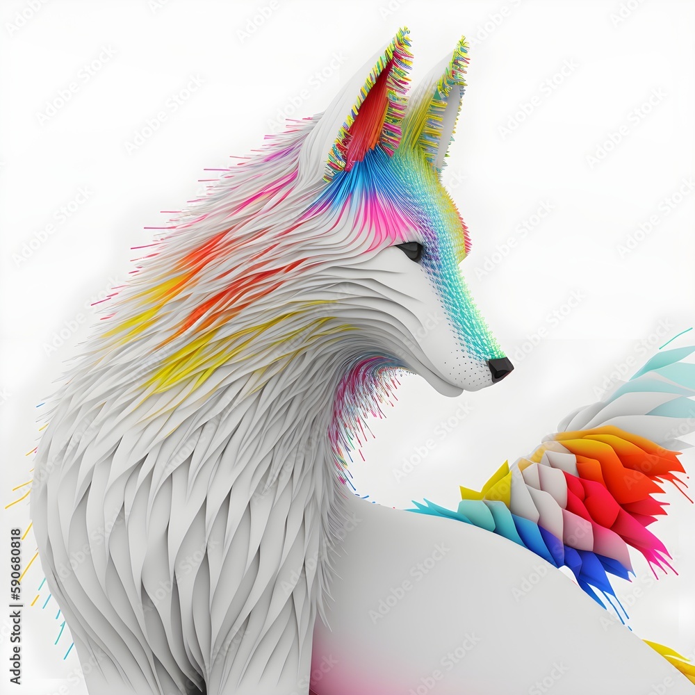 A close up of a rainbow fox on a minimal white background digital art ...