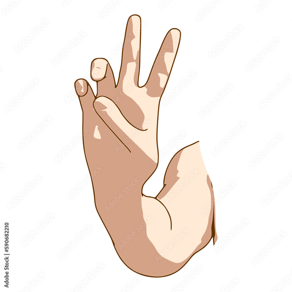 Hand with two fingers up in the peace or victory symbol. Also the sign ...