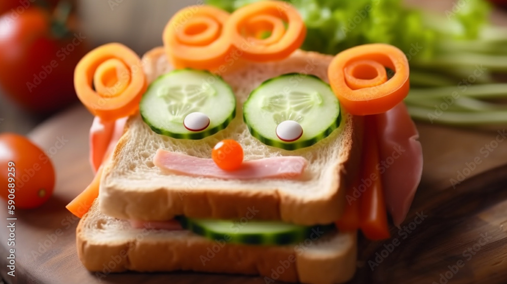 Fun food for kids - ham sandwich decorated with fresh cucumber, carrot ...