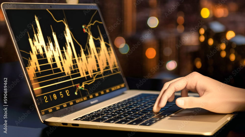 gold charts on a laptop keyboard with hands typing on computer work ...
