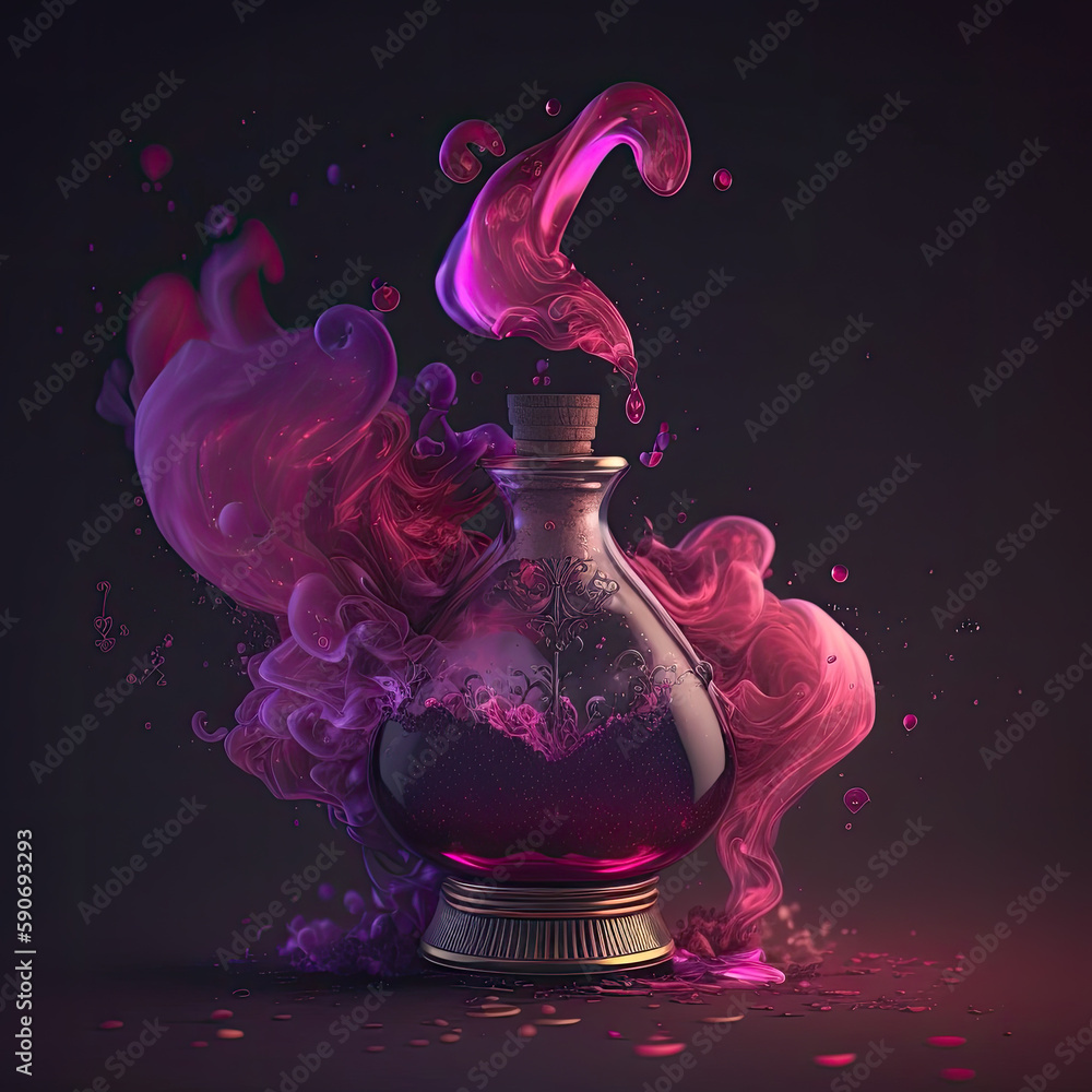 Purple and pink love potion in an ornate glass flask shrouded by pink ...