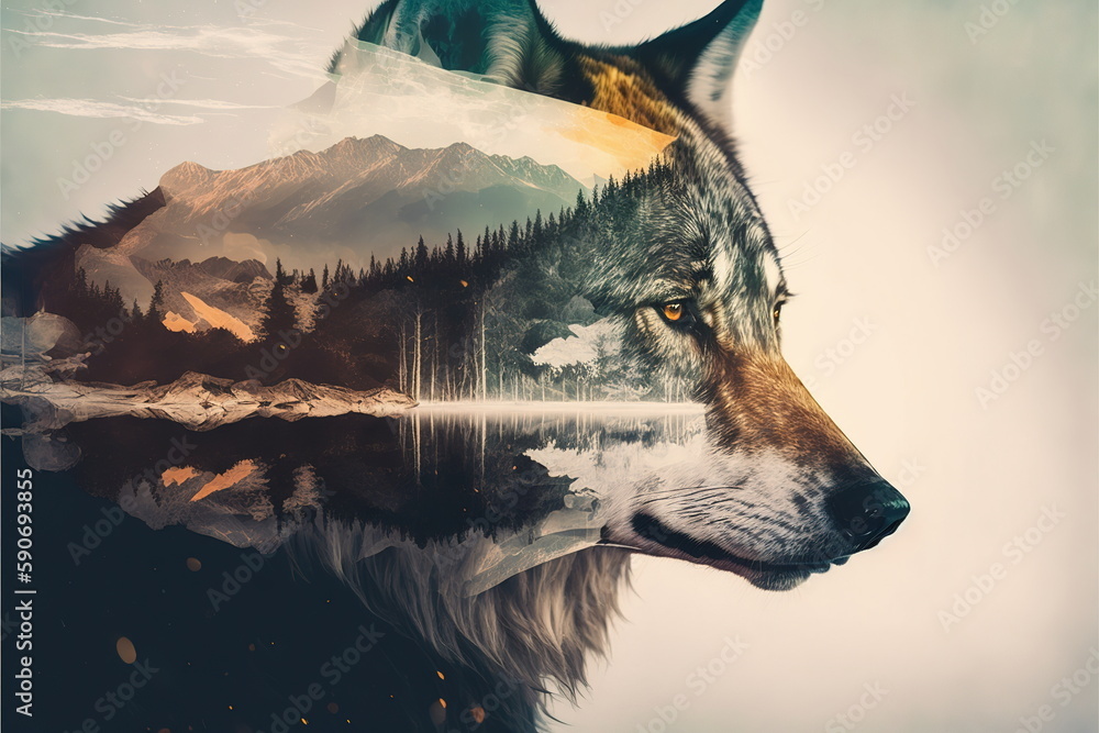 Lone wolf portrait on wondrous double exposure natural background of ...