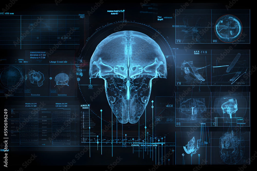 Patient's brain scan results on screen, DNA mutation, virus detection ...