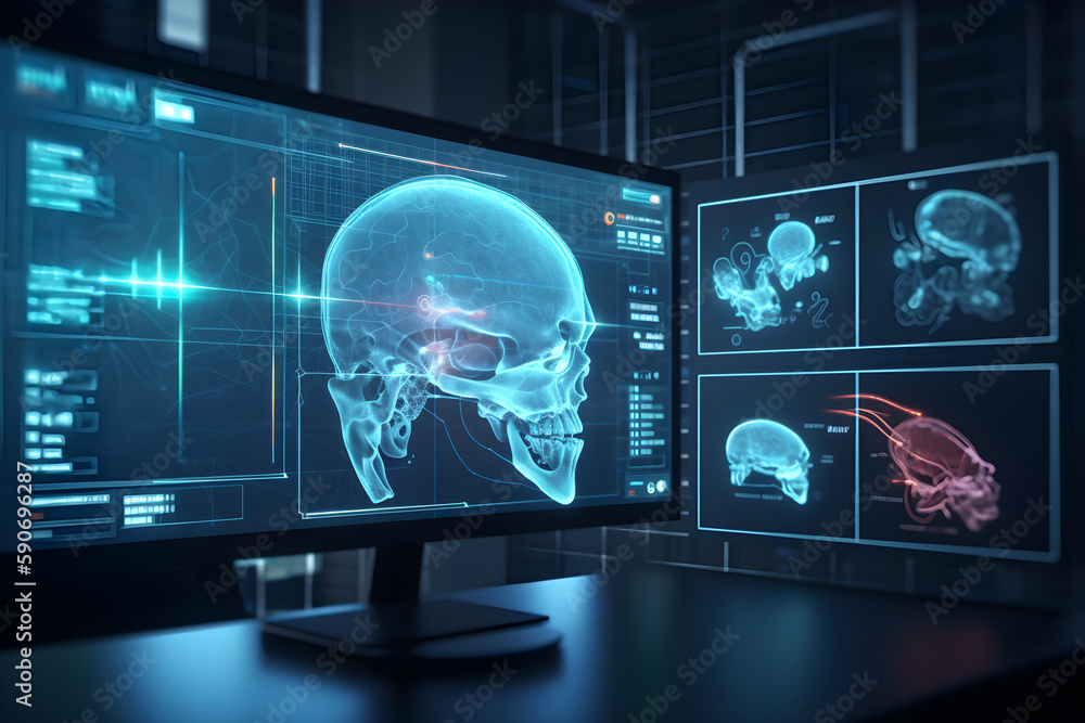 Patient's brain scan results on screen, DNA mutation, virus detection ...