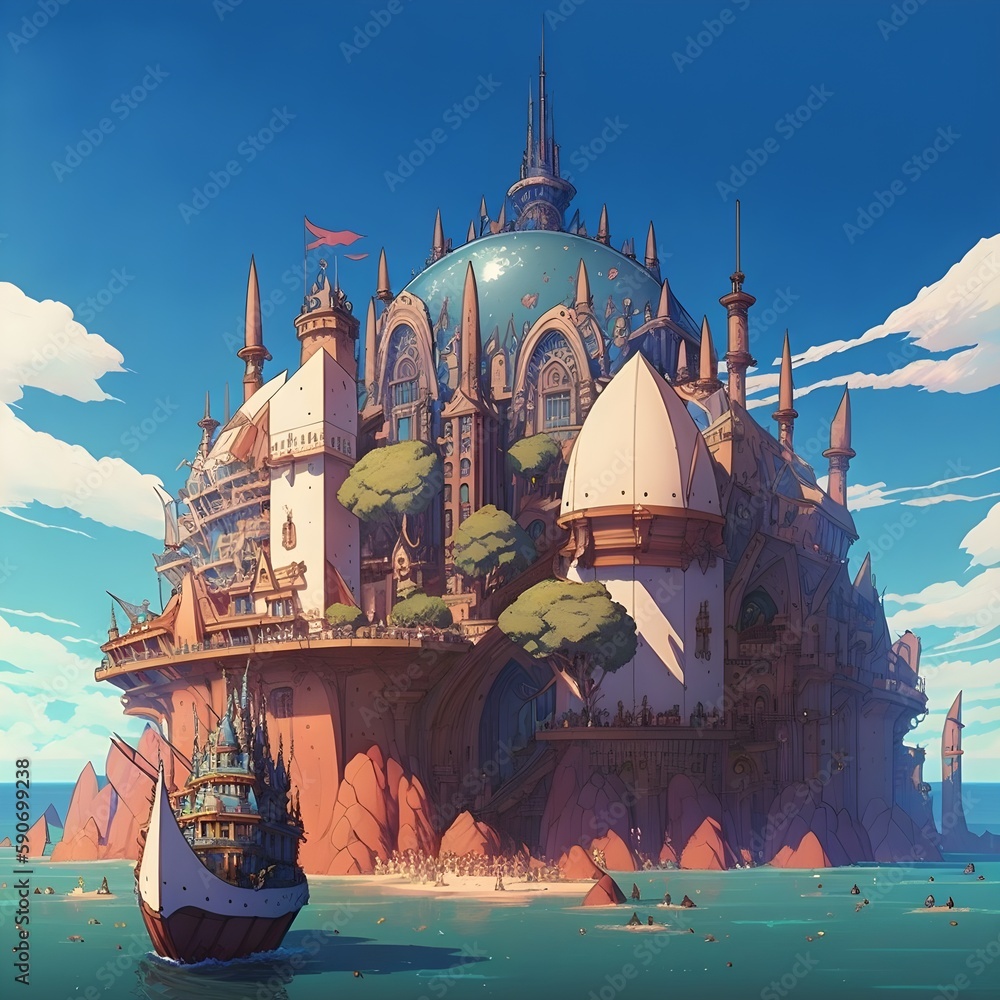 medieval fantasy city with a huge castle and a citadel surrounded by ...