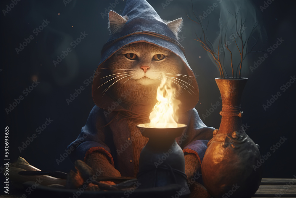 Cat mage, magician pet in a robe casting a spell near the fire. Fantasy ...