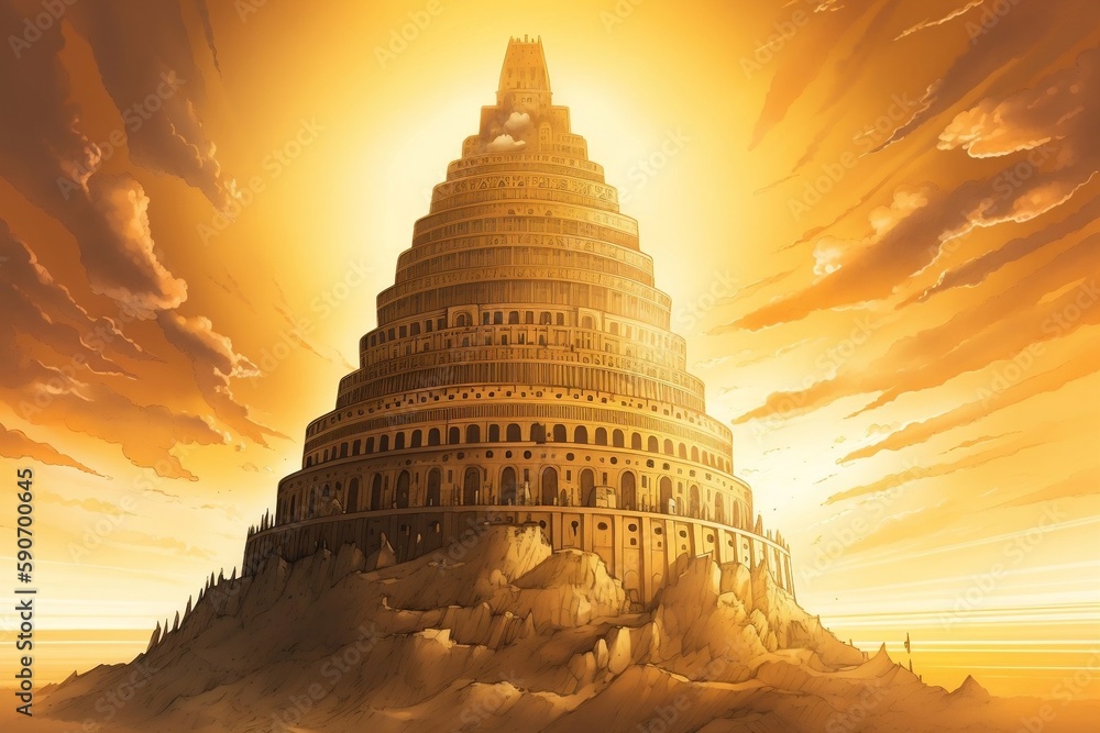 tower of Babel, golden sun illuminating from behind, tower bathed in ...