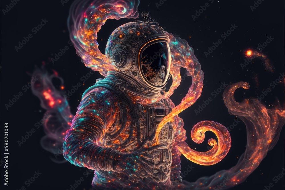 Surreal image of astronaut with floating intrinsic iridescent in nebula ...