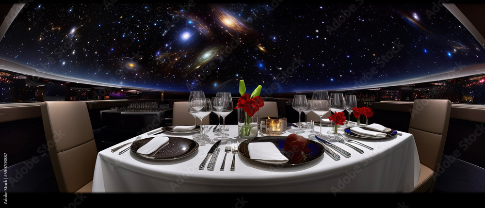 Cosmic dining experience, guests enjoying a gourmet meal in a luxurious ...