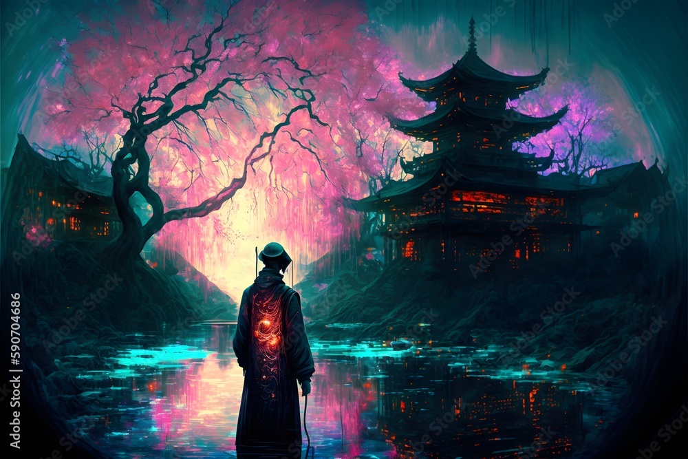 ultra wide range cyberpunk shinto priest at the river of dreams art by ...