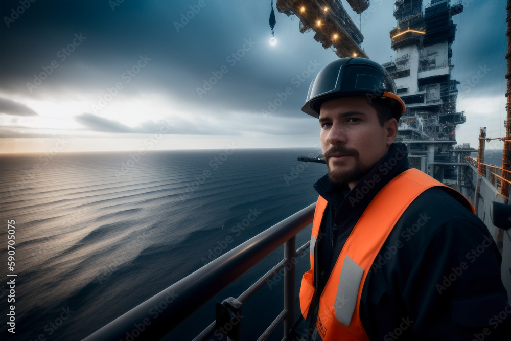 Portrait of the oilman worker on Oil rig platform. Power industry ...
