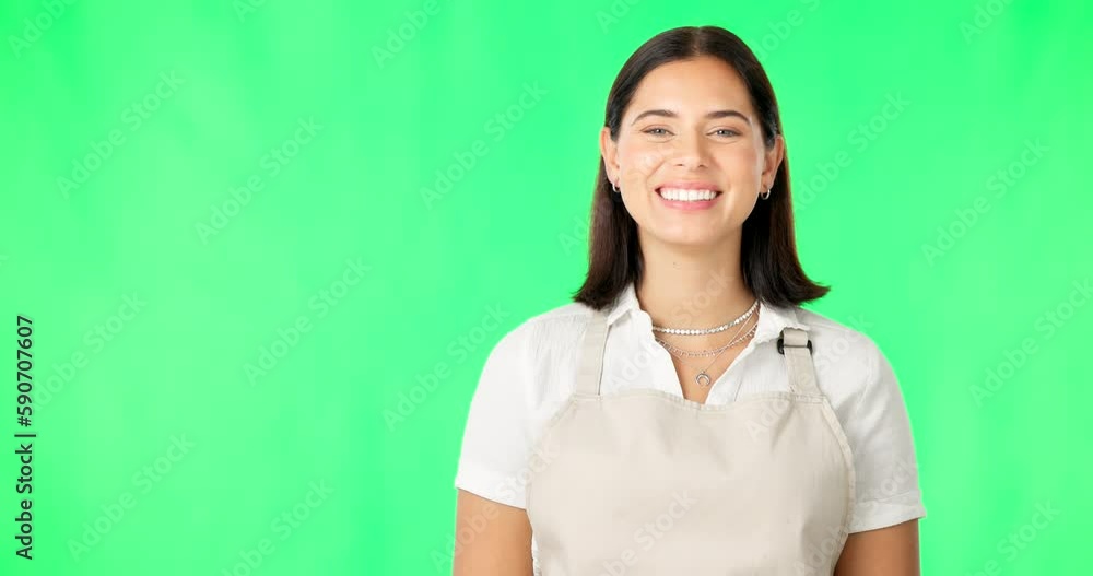 Mockup, green screen and woman pointing at product placement space isolated in a studio studio ...